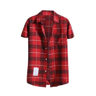 Generic Chemise &agrave; manches courtes pour homme, chemise &agrave; carreaux grande taille, chemise d&eacute;t&eacute; l&eacute;g&egrave;re, haut &agrave; carreaux &agrave; revers respirant, haut boutonn&eacute; r&eacute;tro, 