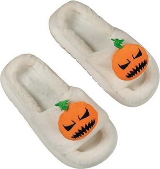 Generic Pantoufles plates dHalloween en peluche pour femme - Couleur contrast&eacute;e - Pantoufles dint&eacute;rieur pour femme, blanc, 40 EU