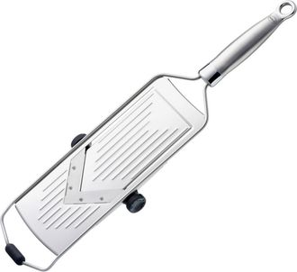 Rösle Hobel mit V-Klinge, Hochwertiger V-Hobel für Gemüse wie Gurken oder Tomaten, 5 Schnittstärken, mit Silikonstandfuß, Edelstahl 18/10, inkl. Gemüsehalte