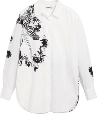 Desigual Femme, Blouses et Chemises, Blanc, Taille: 44 FR Chemise Boutonn&eacute;e Imprim&eacute;e en Coton avec Col Classique