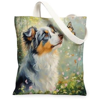 Generic Sac fourre-tout en toile motif chien berger australien printanier 33 x 38,1 cm, sac d&eacute;picerie r&eacute;utilisable pour femme, animal de compagnie, peinture c