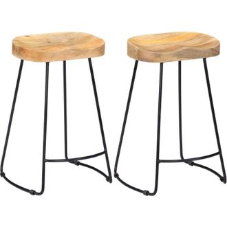 vidaXL Vidaxl - Lot de 2 tabourets de bar en bois de manguier massif - Design r&eacute;tro - Pieds en fer enduit de poudre - Dimensions 45x40x62 cm