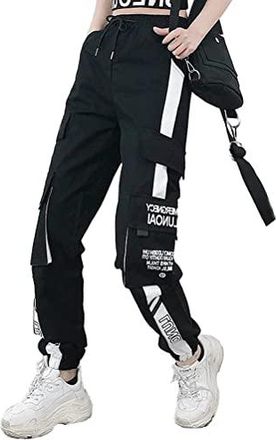 Onsoyours Femme Cargo Pantalon Streetwear Multi-Poches Gothique Pantalon Mode Hip Hop Taille Haute Punk Pantalons Long Harajuku Danse Bas de Surv&ecirc;tement D Noir 