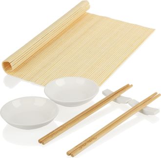 Com-Four 7-teiliges Sushi-Set mit Stäbchen, Schälchen, Rollmatte und Stäbchen-Ablage - schönes Servier-Set - Küchenzubehör - mit Schälchen für Soßen (7-teilig 