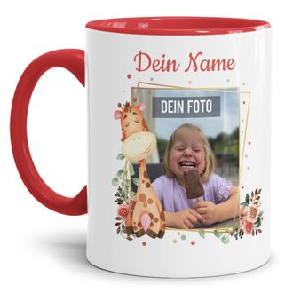 Tassendruck Kinder-Tasse mit Tiermotiv Giraffe - mit Foto & Name selbst gestalten - F&uuml;r M&auml;dchen & Jungen - Keramik Innen & Henkel Rot, 300 ml I Personalisiertes G