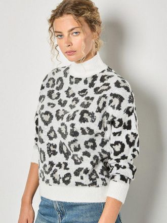 Apricot Rundhalspullover Stehkragenpullover mit Leo-Muster und Pailletten