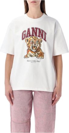 Ganni Femme, Tops, Blanc, Taille: 38 FR Beaded Tiger T-shirt