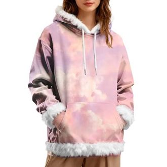Generic Sweat à capuche imprimé dégradé en fausse fourrure pour femme avec poche, sweatshirts surdimensionnés en peluche pour femme, pull dhiver décontracté à