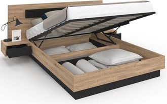 IDMarket Idmarket - Lit coffre SANTA 140x190cm - Sommier relevable 24 lattes - Coffre de rangement int&eacute;gr&eacute; - Tables de nuit avec tiroirs bois noir