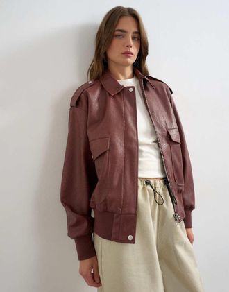 Topshop Bomber imitation cuir - Bordeaux-Rouge