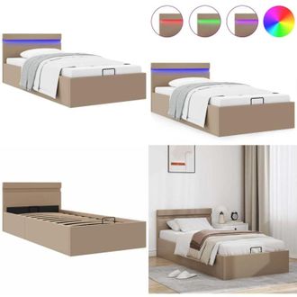 vidaXL Bett mit Bettkasten LED Cappuccino-Braun Kunstleder 100x200 cm - Hydraulisches Bettgestell - Einzelbett - Kunstlederbett - Stauraumbett