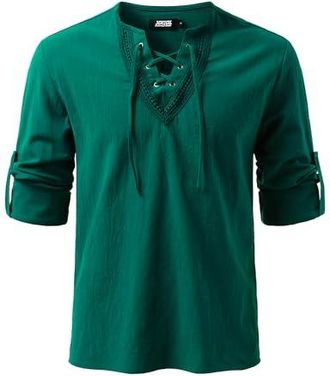 JOGAL Costume vintage Renaissance pour homme - Chemise à lacets - Manches longues - En coton - Pour les loisirs - Pour les pirates médiévaux - Viking, vert 
