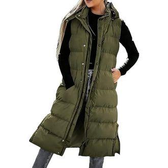 Generic Gilet bouffant long pour femme, capuche matelass&eacute;e et fermeture &agrave; boutons, veste longue sans manches pour lhiver chaud, vert militaire, 5XL