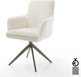 DELIFE Drehstuhl Heira-Flex mit Armlehnen Boucl&eacute; Wei&szlig; Kreuzgestell breit Effektfinish Titan 360&deg; drehbar Taschenfederkern, Esszimmerst&uuml;hle