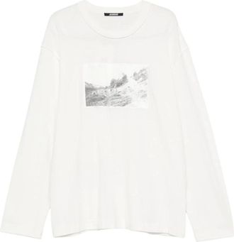 Jacquemus Homme, Tops, Blanc, Taille: XL T-shirt &agrave; Manches Longues et Col Rond avec D&eacute;tail Patch