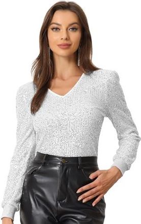 Allegra K Femmes Chemisier Paillettes Scintillant Manches Longues Col en V Blouse pour Cocktail Argent XL