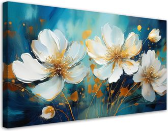 Feeby Bilder - Foto Geschenk - Wei&szlig; gemalte Blumen - 120x60 1tlg - Leinwandbilder Wohnzimmer - Wandbild &uuml;ber dem Bett - Bild Schlafzimmer - Aesthetic Zimmer