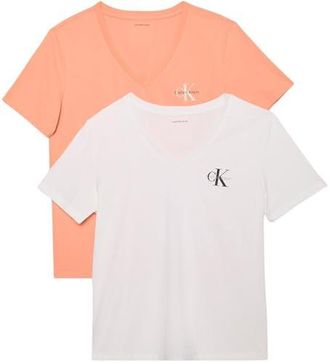 Calvin Klein T-Shirts Manches Courtes Lot de 2 Femme Logo Tee avec Col en V, Multicolore (Just Peach/Brilliant White), XL