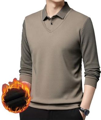 Generic Chemise fausse deux-pi&egrave;ces &agrave; revers ray&eacute;s pour homme, gilet de pull patchwork ray&eacute; &agrave; boutons, t-shirt d&eacute;contract&eacute; &agrave; manches longues et col, kaki, 3XL