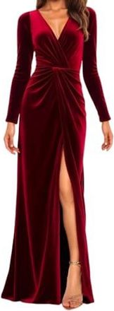 Minetom Robe Velours Femme Longue Hiver &Eacute;l&eacute;gante Col V Manches Longues C&eacute;r&eacute;monie Cocktail Mariage Soir&eacute;e F&ecirc;te Dress A Rouge L