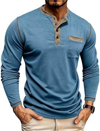 Generic Chemises Henley à manches longues pour hommes, t-shirts basiques décontractés et légers et extensibles, bleu, XXL