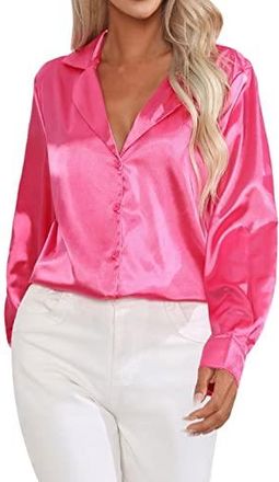 Generic Chemisier en satin &agrave; manches longues pour femme - Chemisiers boutonn&eacute;s &agrave; manches longues pour femme - Chemise l&eacute;g&egrave;re avec col fin et &eacute;l&eacute;gant &agrave; boutons