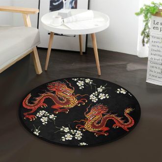 Mnsruu Runder Teppich, Motiv: chinesischer japanischer Drache, Blume, f&uuml;r Wohnzimmer, Schlafzimmer, 92 cm Durchmesser
