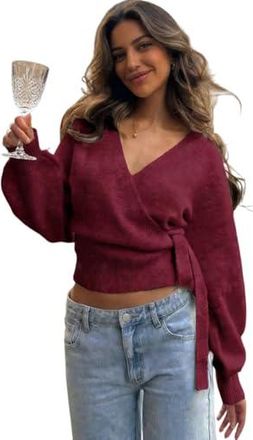 Generic Pull en tricot &agrave; col en V crois&eacute; pour femme avec noeud irr&eacute;gulier, haut enveloppant &agrave; manches longues, &eacute;paules tombantes c&ocirc;tel&eacute;es, hauts en tricot d&eacute;c