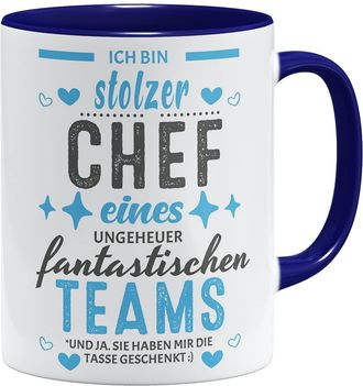 OM3 Ich bin Stolzer Chef eines ungeheuer fantastischen Teams Tasse - Keramik Becher - 11oz 325ml - Beidseitig Bedruckt - Dunkelblau