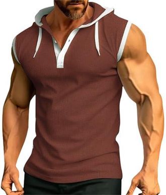 Generic DENGJIAMY D&eacute;bardeur &agrave; capuche sans manches gaufr&eacute; pour homme - T-shirt d&eacute;t&eacute; &agrave; boutons et col en V pour homme, Rouge, XXL