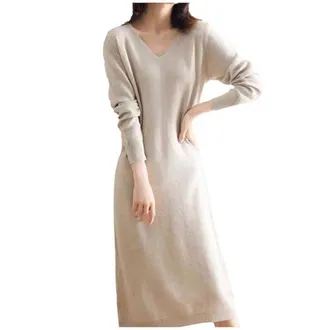 Generic Robe longue &agrave; manches longues en tricot de laine avec col en V pour femmes de style fran&ccedil;ais, robe longue superpos&eacute;e pour lhiver, robe maxi d&eacute;contract