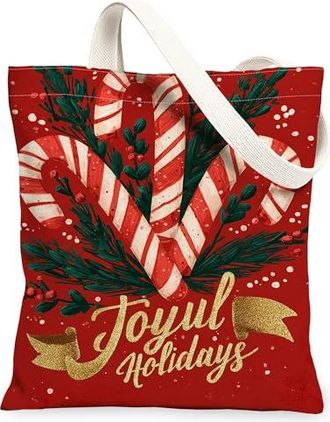 Generic Sacs fourre-tout en toile de vacances, motif canne &agrave; sucre dorge, sacs d&eacute;picerie r&eacute;utilisables, vintage, l&eacute;gers, lavables avec bandouli&egrave;re pour voyage