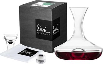 Eisch Wein Dekanter Set Together 0,75 l (4-tlg), handgefertigter Dekanter mit No Drop Effekt aus Kristallglas, Dekanter-Top, Reinigungsperlen & Poliertuch (