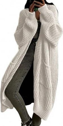 Generic Cardigan long &agrave; manches longues et grande poche en tricot pour femme, blanc, XXL