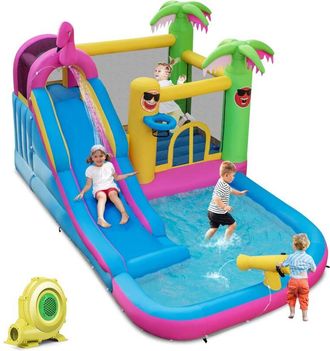 Costway H&uuml;pfburg mit Gebl&auml;se & Wasserrutsche, Wasserpark im Flamingo-Thema mit Planschbecken, Wasserkanone & Basketballkorb, f&uuml;r Garten, 450 x 300 x 260 cm