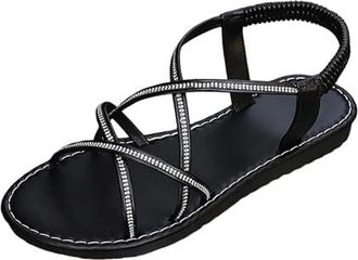 Generic Sandales plates d&eacute;contract&eacute;es &agrave; enfiler pour femme - Bout ouvert - &Eacute;l&eacute;gantes - Classiques - Strass - Confortables - Respirantes - Polyvalentes - &Eacute;l&eacute;ga