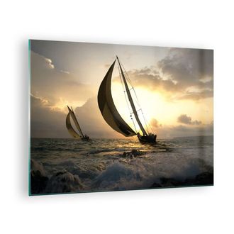 Arttor Bilder auf Glas Schiff Sonnenuntergang Sonne Landschaft Glasbild 70x50cm Wandbilder Dekoration Wohnzimmer Schlafzimmer K&uuml;che Deko Klein Wanddeko Bild 
