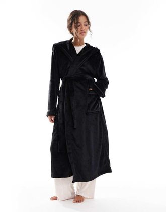 Loungeable Robe de chambre longue en polaire &agrave; capuche et bord en ruban - Noir
