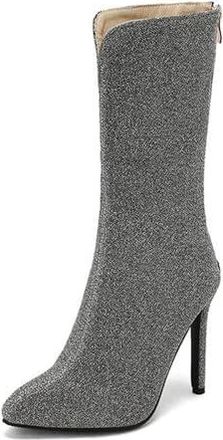 Generic Escarpins &agrave; paillettes &agrave; bout pointu et &agrave; talon aiguille avec fermeture &eacute;clair lat&eacute;rale mi-mollet pour femme, gris, 39.5 EU