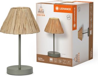 Ledvance Tischleuchte Decor Raffia grün-braun aus Bast und Metall, E27, 200 mm Durchmesser, Leuchtenschirm aus recyceltem Material, nachhaltig durch austauschb