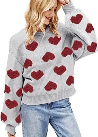 Generic Pull en tricot doux et lisse pour femme Motif mignon Saint-Valentin 2026, gris, XXL