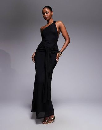 Asos Robe longue asym&eacute;trique en tulle avec d&eacute;tail nou&eacute; effet drap&eacute; &agrave; lavant - Noir-Pas de couleur