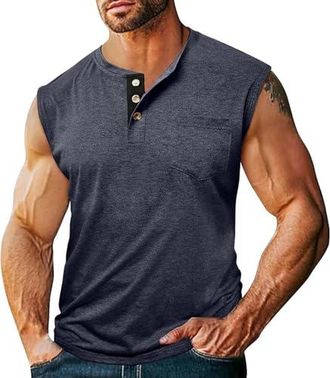 Generic T-shirts sans manches pour hommes, d&eacute;bardeur Henley avec boutonni&egrave;re, d&eacute;bardeur l&eacute;ger et doux avec col en V et poche, col montant d&eacute;contract&eacute;, t-shirt