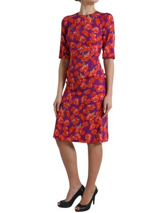 Dolce & Gabbana Womens Multicolor Floral Poppy Print Sheath Dress Silk Elastane