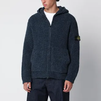 Stone Island Stahlblauer Kapuzenpullover aus Chenille mit Rei&szlig;verschluss