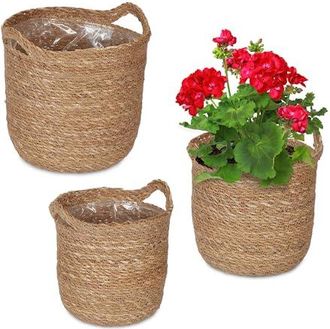 Relaxdays Seegras Blumentopf 3er Set, Griffe, für Blumen & Kräuter, Pflanzenkorb mit Folie, 3 Größen, Pflanzkübel, Natur
