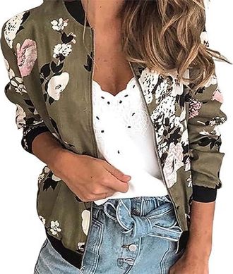 Generic Veste Femme Motard Blouson Printemps &Eacute;t&eacute; L&eacute;ger Bomber Blouson Outwear Zipp&eacute; Imprim&eacute; Floral Court Jacket Blouson aviateur l&eacute;ger &agrave; manches longues mante