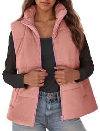 Feoya Damen Winter Weste Kurz Übergangsweste Stehkragen Pufferweste Daunenmantel Ärmellose Winterjacke Warm Steppweste Rosa XL