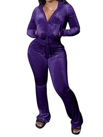 Minetom Surv&ecirc;tements Femmes Velours Loungewear Zipp&eacute; Sweat &agrave; Capuche Ensemble de Sport Jogging Hoodie Manches Longues Haut et Pantalon 2 Pi&egrave;ces A Violet XS