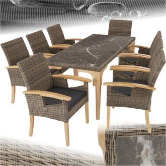TecTake Rattan M&ouml;bel Set, 8X St&uuml;hle, 1x Tisch, modern, Korbsessel mit Armlehne, Esstisch Marmor Optik, Esszimmer Lounge Gartenm&ouml;bel f&uuml;r Balkon, Terrasse, Wint